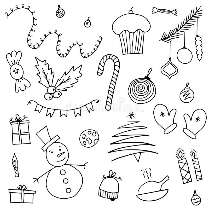 VECTOR ILLUSTRATION WINTER ELEMENTS and OBJECTS COLLECTION, ONE LINE ...