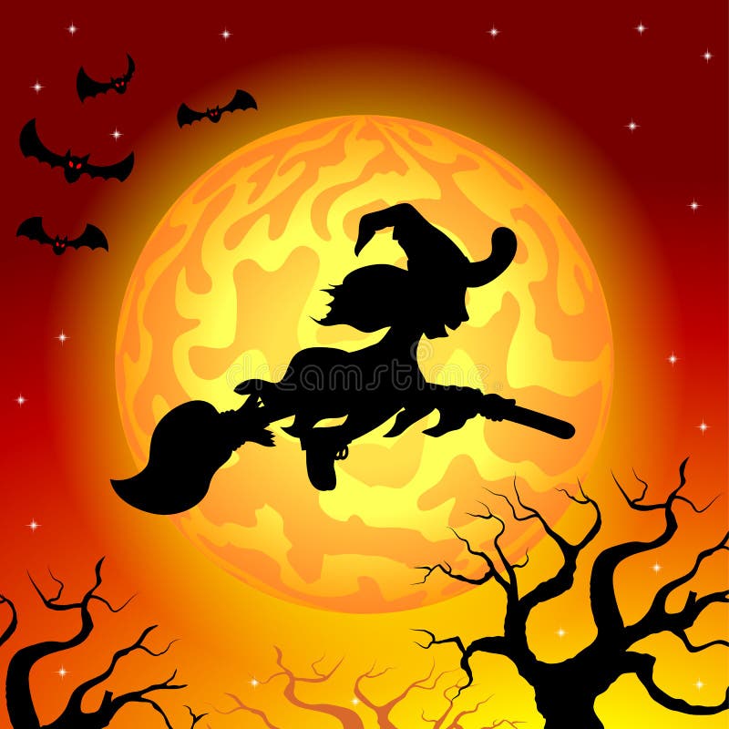 Witch flying over the moon stock vector. Illustration of holiday ...