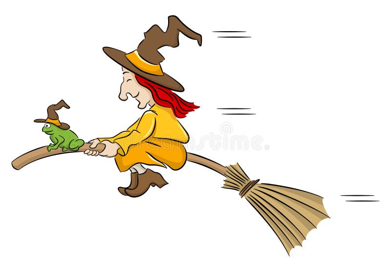 Witch and Her Toad Flying on a Broom Stock Vector - Illustration of ...