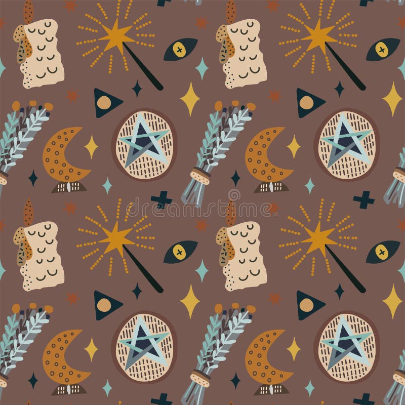 Vector Illustration of Witchcraft Symbols Moon Magic Wand and Pentacle ...