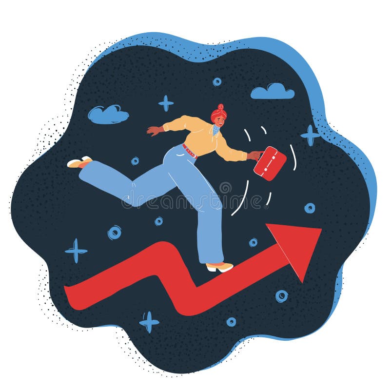 Vector Illustration of Woman Running on Growth Graph on Dark Backround ...