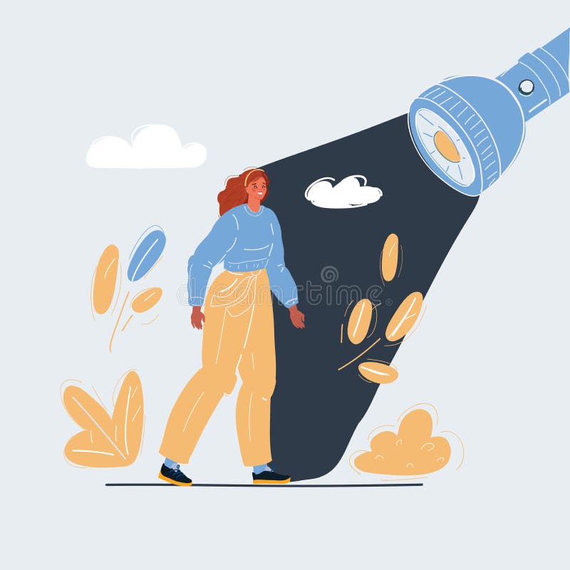 Vector Illustration of Woman Stand Under Negative Light of Flashlight ...