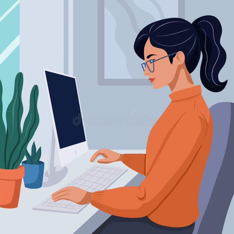 Vector Illustration Woman Studying at Computer in Modern Flat Style ...