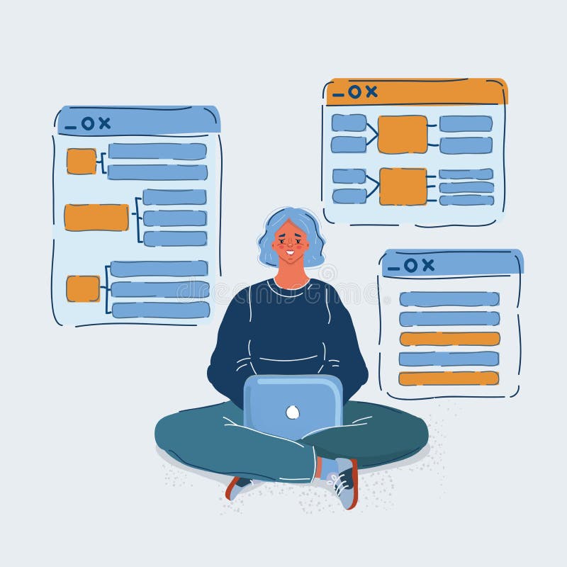 Vector Illustration Of Woman Working On Her Laptop Computer. Developer ...
