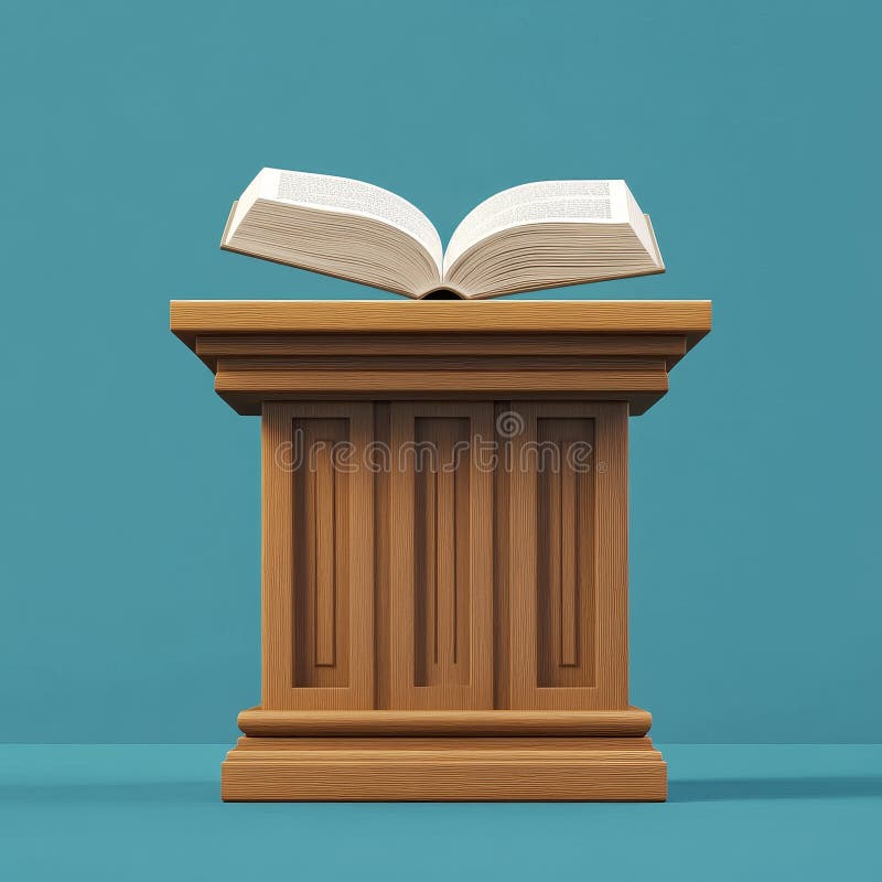 Vector Illustration of a Wooden Podium with a Book on a Blue Background ...