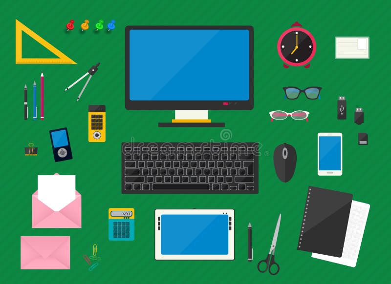 Vector Illustration of Workplace with Computer Devices, Office Objects ...