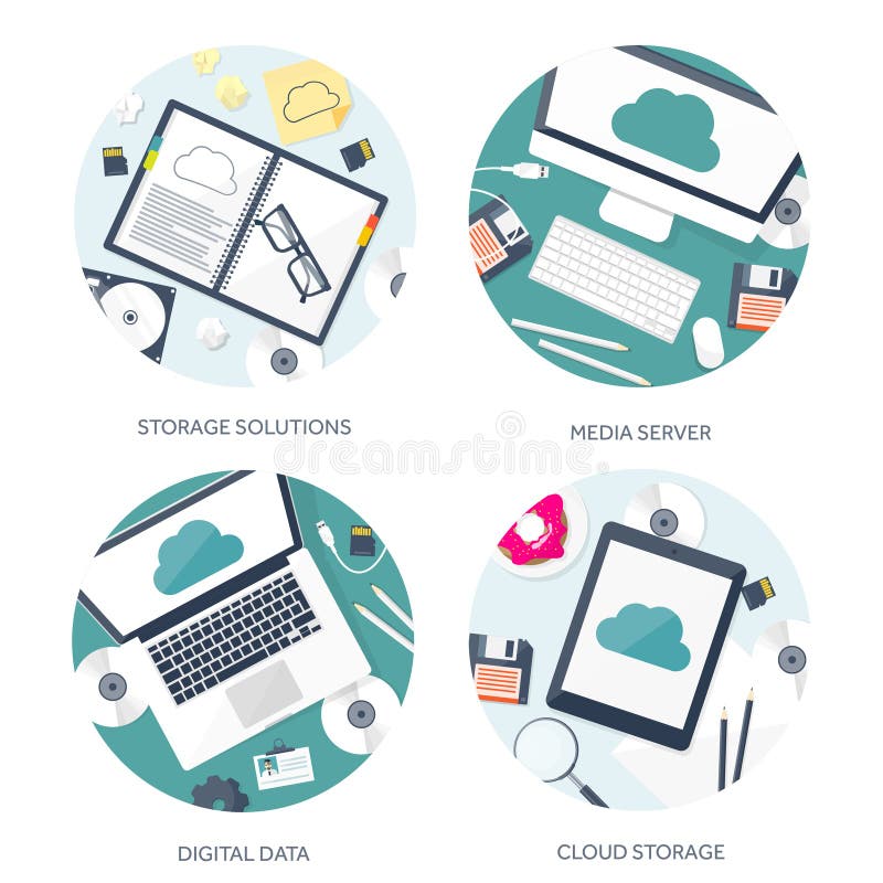 Vector Illustration. Workplace Table with Documents, Computer. Flat Cloud Computing Background ...