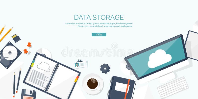 Vector Illustration. Workplace Table with Documents, Computer. Flat Cloud Computing Background ...