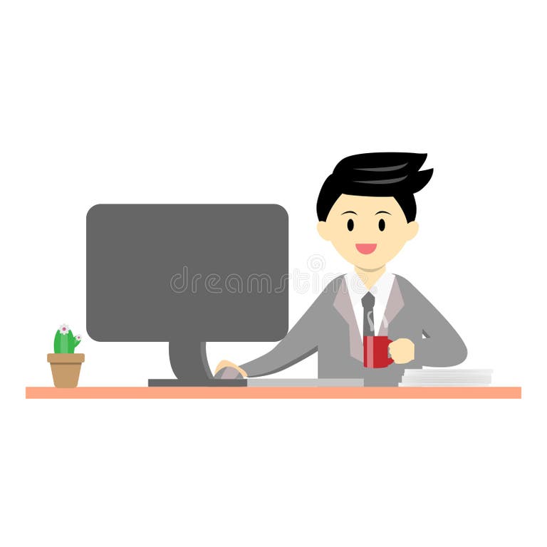 Young Businessman Working on Computer and Drinking Coffee at the Same ...