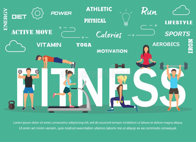 Vector Illustration of Young People Doing Workout with Equipment. Flat ...