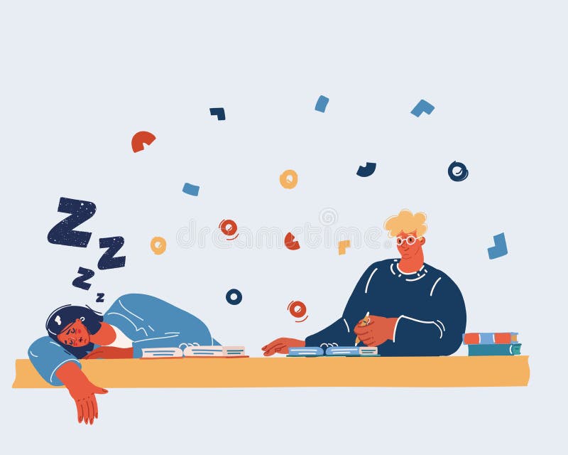 Vector Illustration of Young Student Sleeping on Table Near Book Stock ...