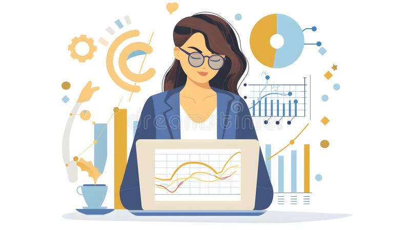 Vector Illustration of a Young Woman Working on a Laptop in the Office ...