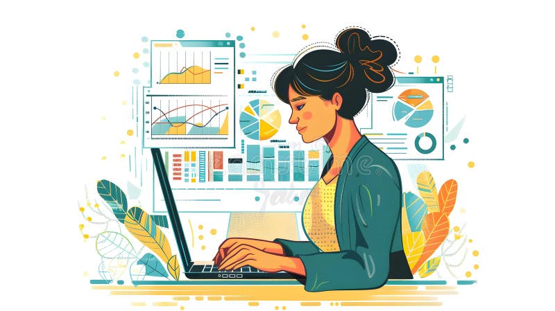 Vector Illustration of a Young Woman Working on a Laptop in the Office ...