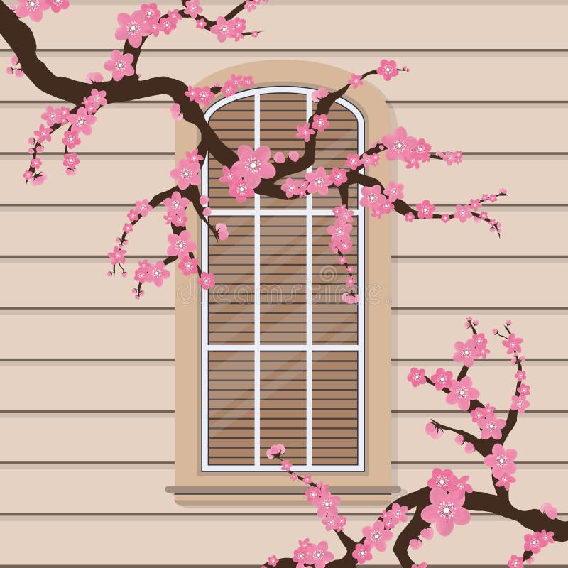 Old Window with Flowers and Stone Cladding. Cartoon Style. Vector ...