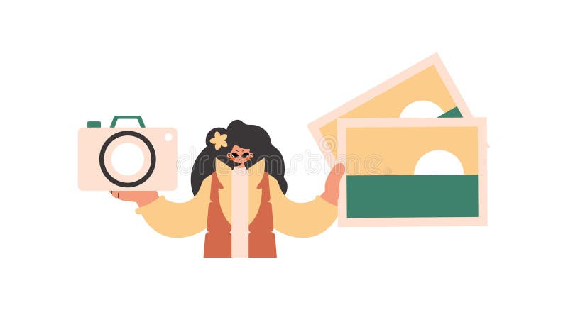 The Well Off Lady Holds a Camera and Photographs in His Hands. Pulled ...