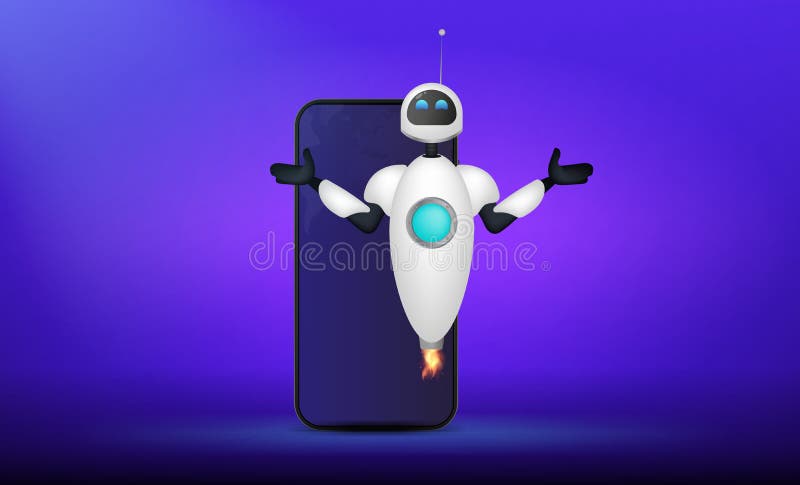 White Flying Robot on the Background of the Phone. Vector Illustration ...
