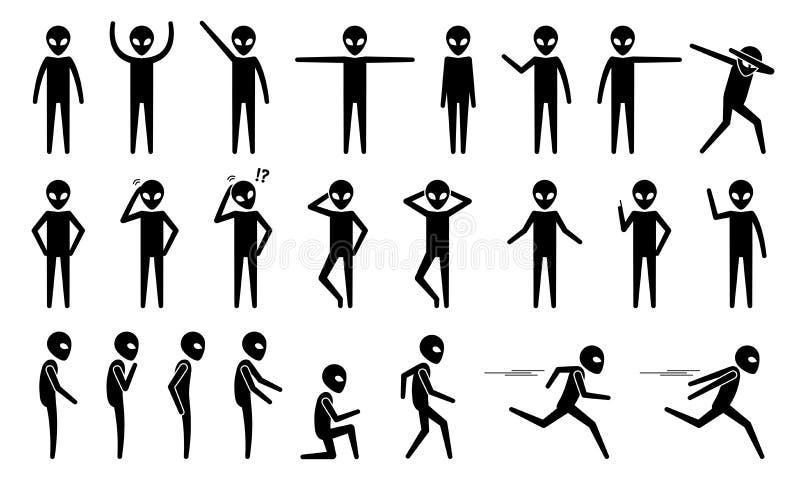 Basic Alien UFO Body Poses and Postures Stick Figure Pictogram Icons ...