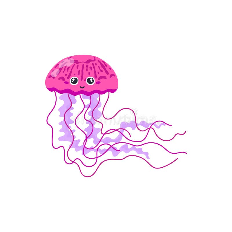 Vector Illustrations with Cartoon Cute Jellyfish with Tentacles ...