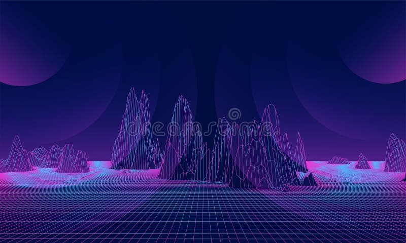 Vector Illustrations of Digital Metaverse Landscape with Mountains ...