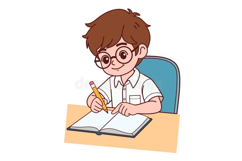 A Boy is Sitting and Doing His Homework. Flat Vector Style Characters ...