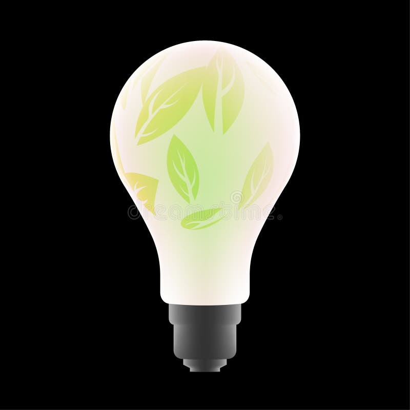 Vector Illustrations of Green Leaf in a Light Bulb on Black Background ...
