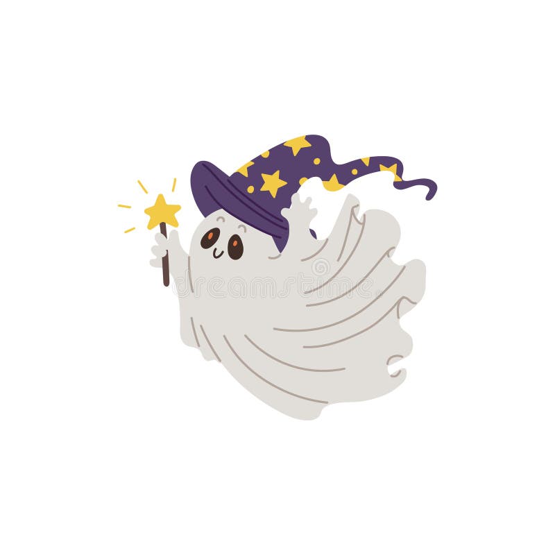 Vector Illustrations for Halloween with a Ghost in a Wizard S Hat with ...