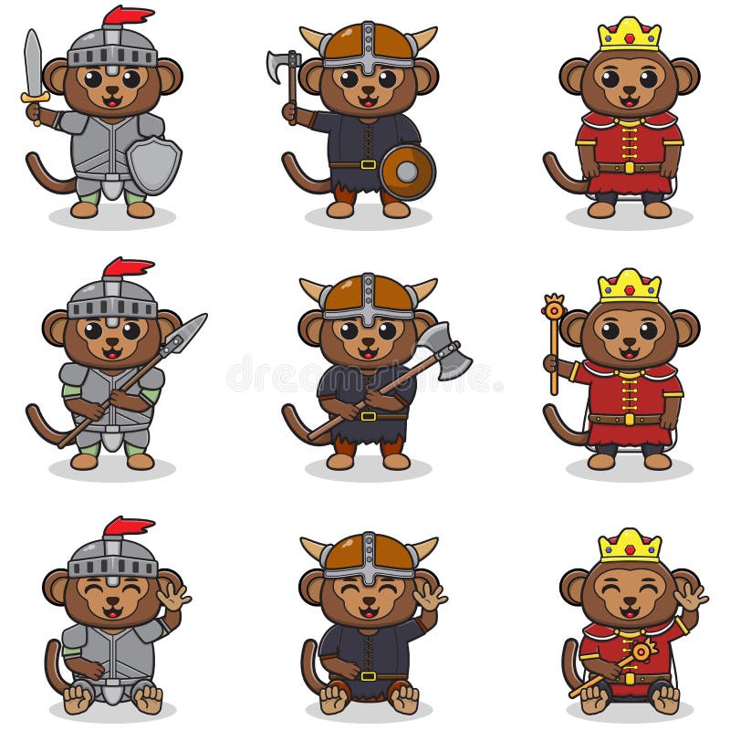 Vector Illustrations of Monkey Characters in Various Medieval Outfits ...
