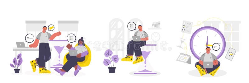 Cartoon Characters Working on Laptop in Co-working Space Illustrations ...