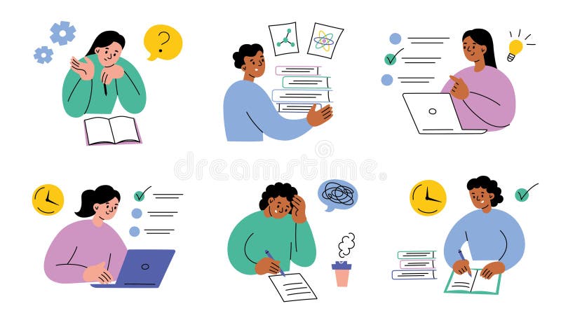 Vector Illustrations of Students Taking Tests on Computers and Writing ...