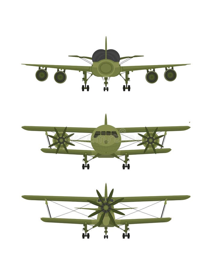 Military Plane Set, Army Plane Isolated on White Background, Front View ...
