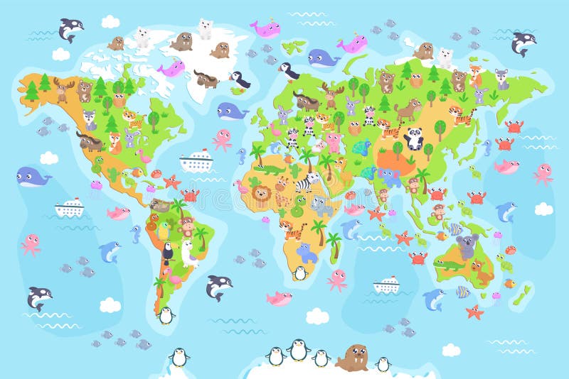 Animais Do Mapa Do Mundo Europa E Ásia, O Sul E Os Animais De America ...