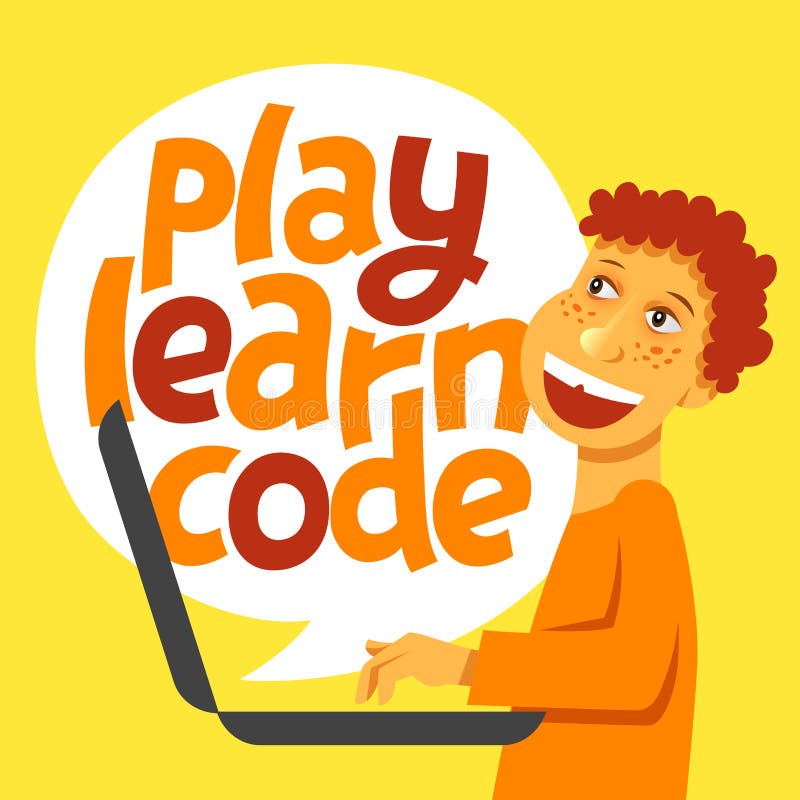 A Vector Image with a Boy Coding and a Lettering Play Learn Code. Stock ...
