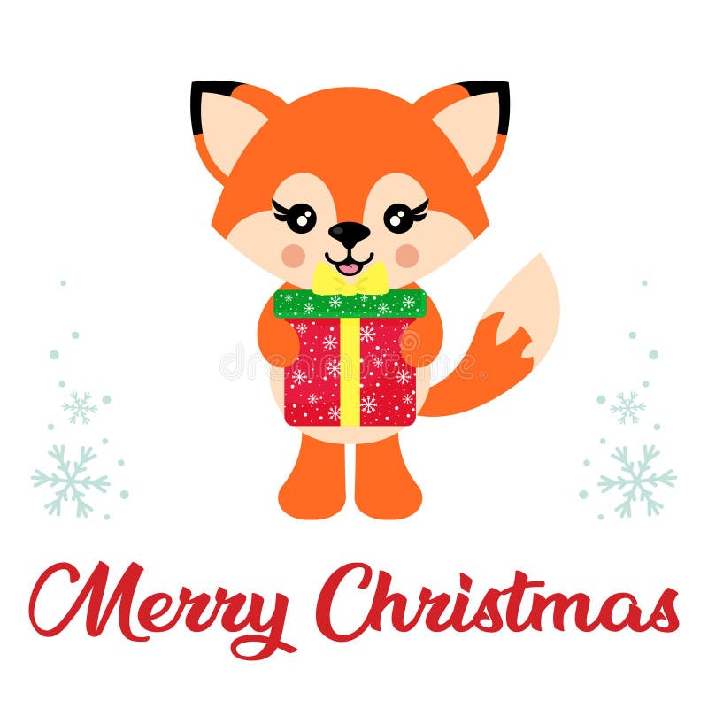 Cartoon Cute Fox Vector and Christmas Present and Christmas Text Stock ...