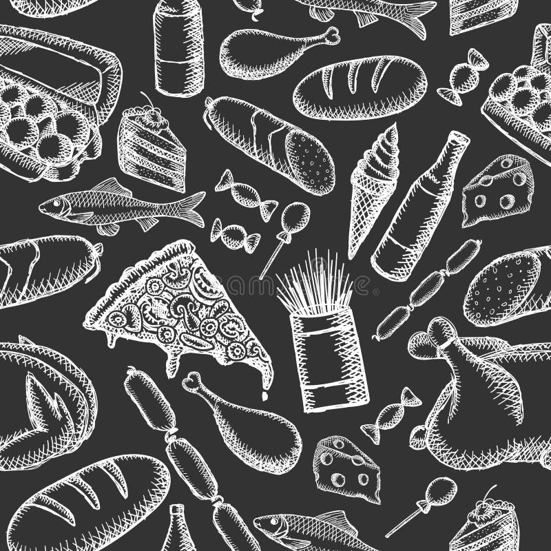 Junk Food Seamless Pattern Doodle Drawing Style. Line Art Hand Drawn ...