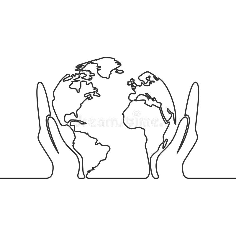 Vector Image Continuous Line Drawing of Earth Globe in Human Hands ...