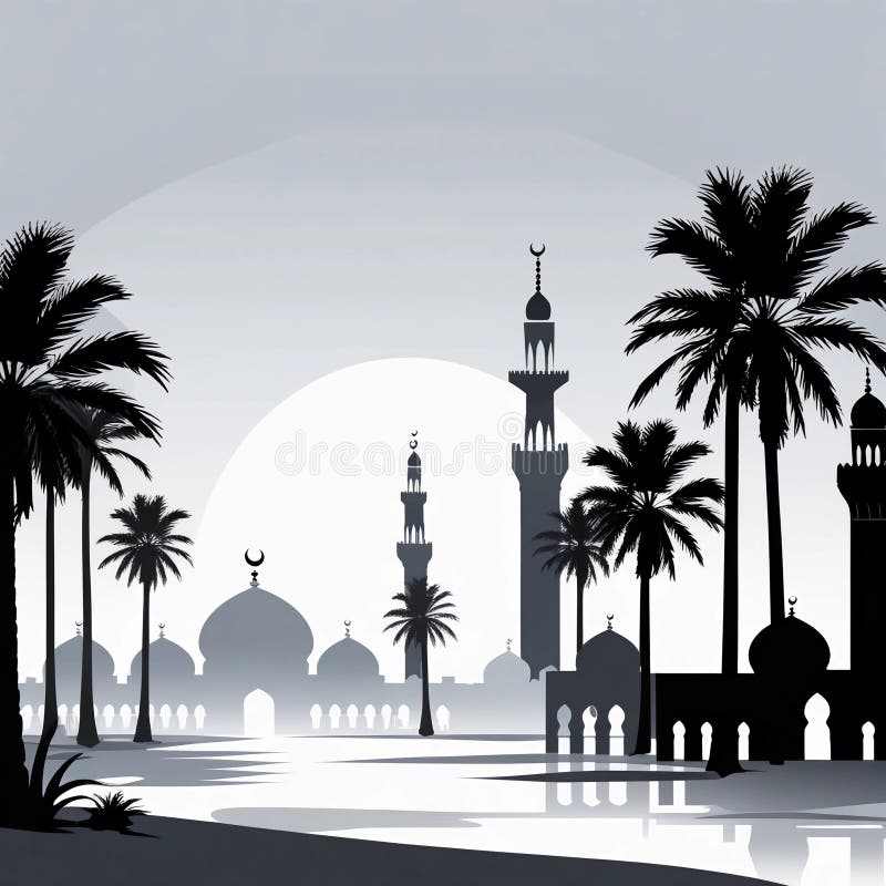 Vector Image Depicting an Islamic Mosque with Palm Trees, Highlighting ...