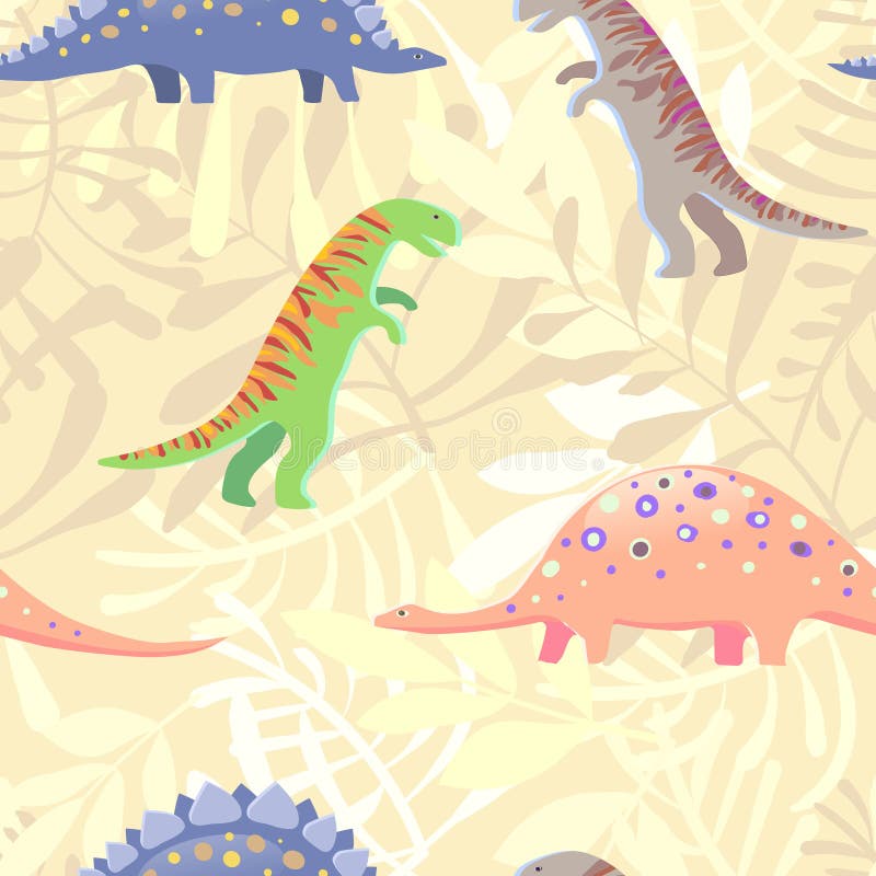 Dinosaur with Leaves Seamless Pattern Cute Cartoon Animal Background ...