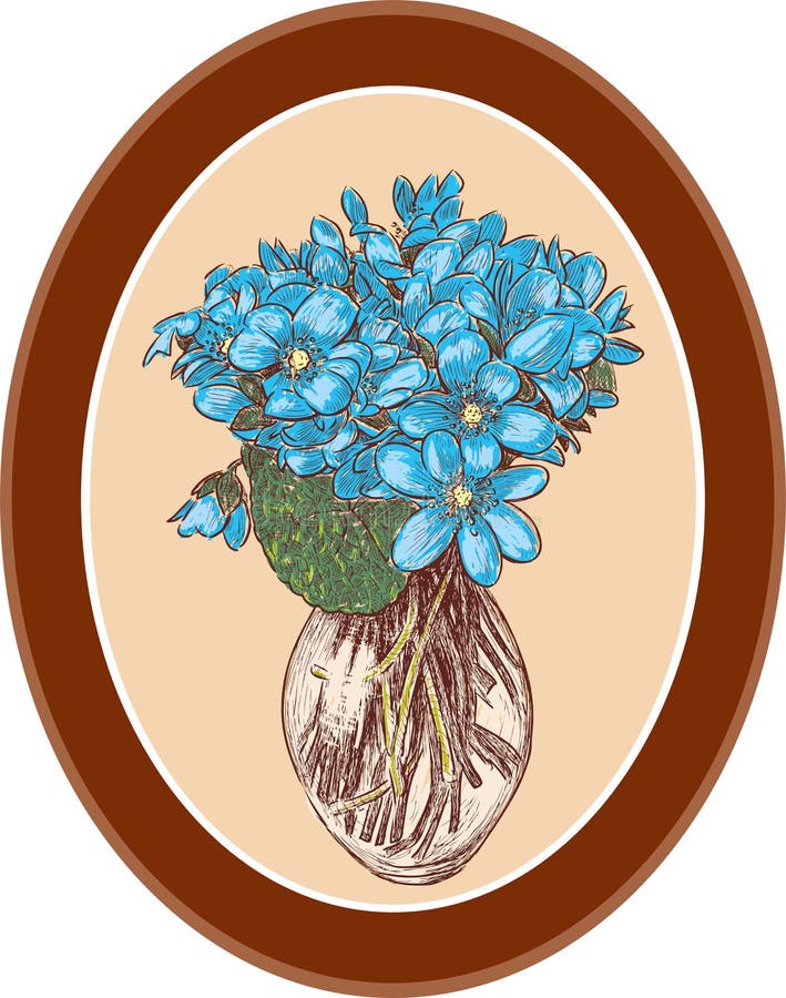 Vector Image of Drawn Bouquet Blue Violets in Oval Picture Frame Stock ...