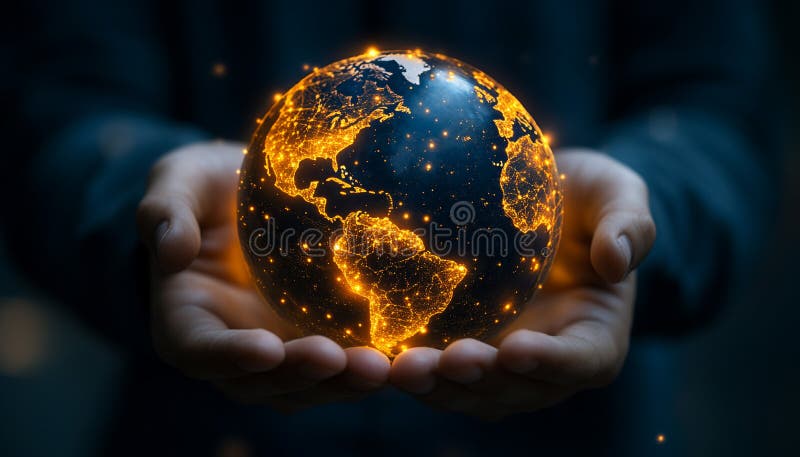 "Businessman Holding Global Business Globe with Network" Stock ...