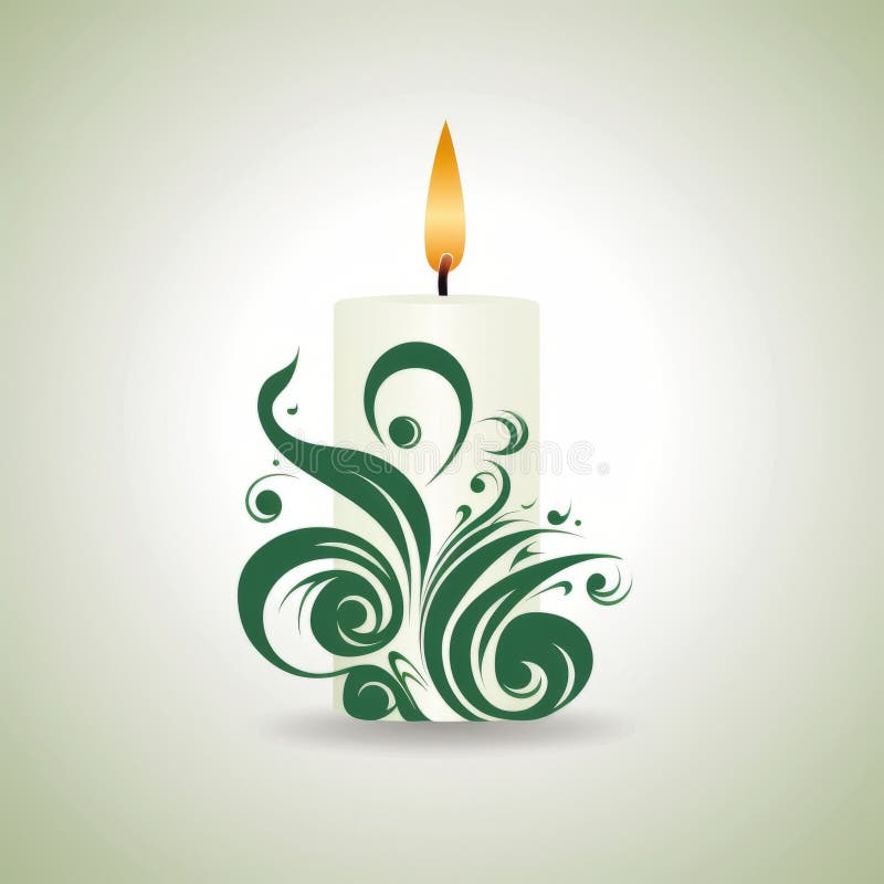Green and White Swirl Candle with Stylistic Nature Scenes and Islamic ...