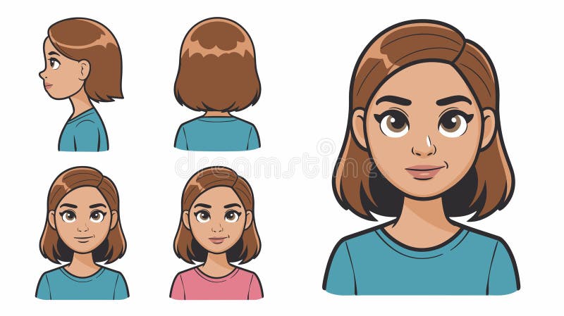 Cute Cartoon Character with Short Brown Hair in Different Front and ...