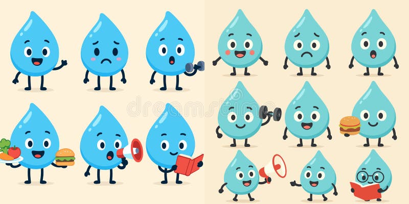 Playful Water Droplets Expressing Various Emotions and Activities Stock ...
