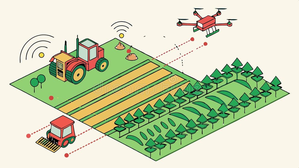 Tractor and Drone in Field, Modern Agriculture Technology Vector Design ...