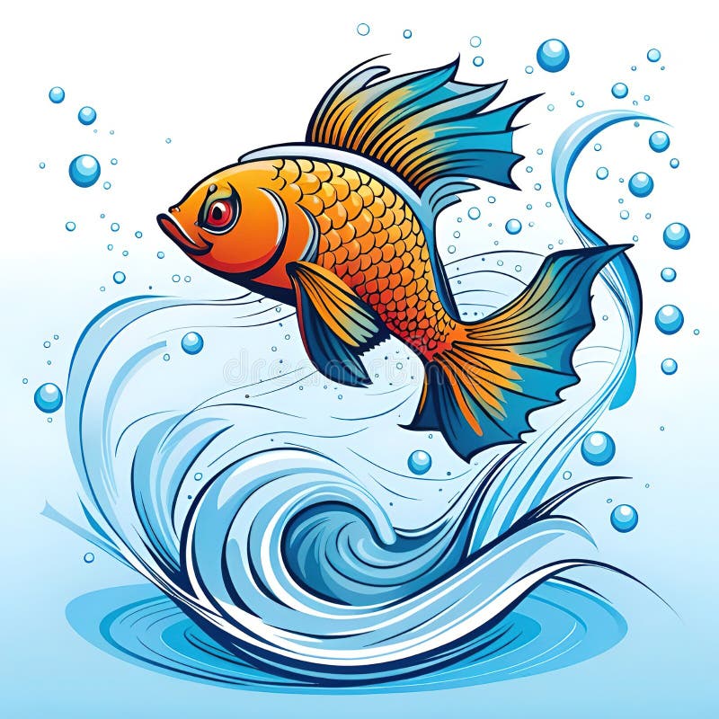 Vector Image of a Fish in the Sea, Waves and Bubbles. Stock ...