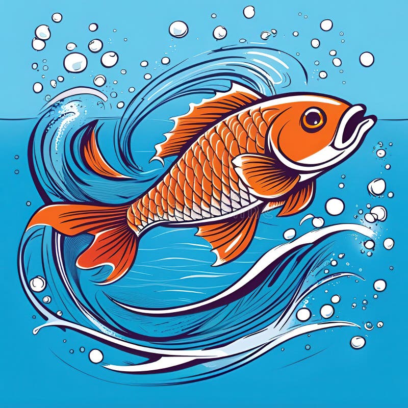 Vector Image of a Fish in the Sea, Waves and Bubbles. Stock ...