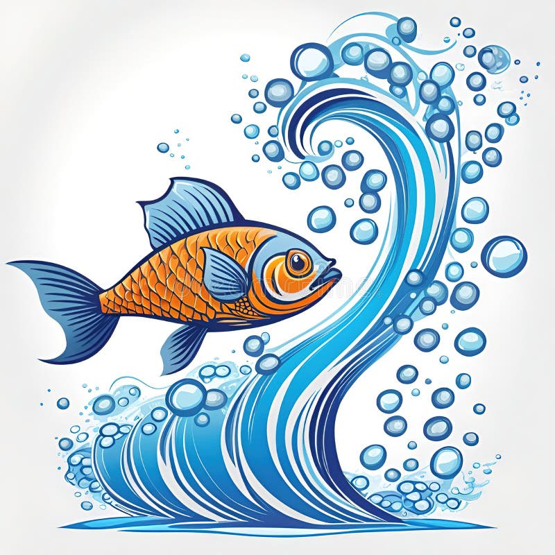 Vector Image of a Fish in the Sea, Waves and Bubbles. Stock ...
