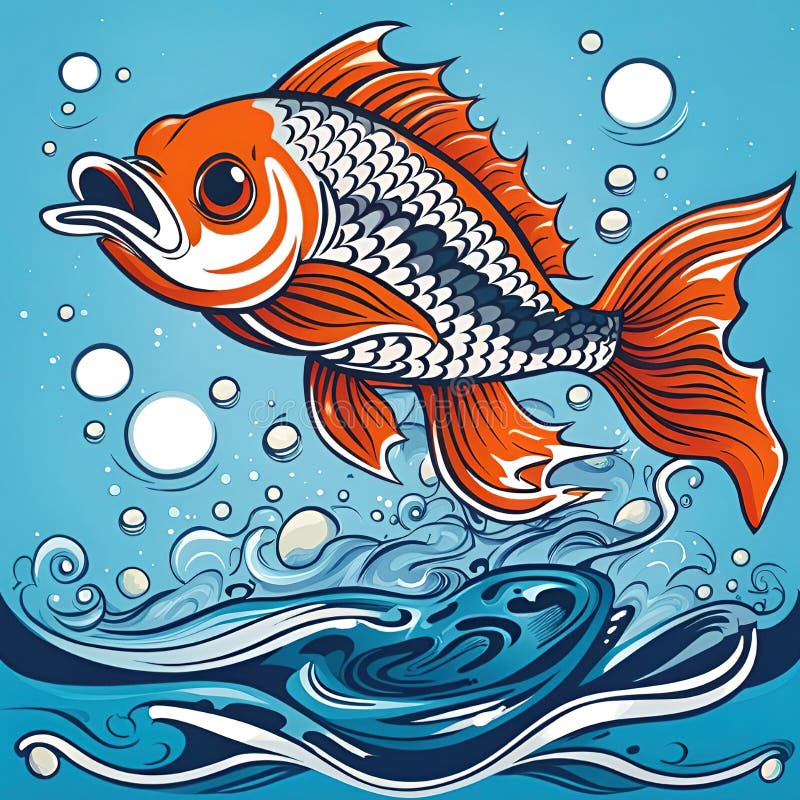Vector Image of a Fish in the Sea, Waves and Bubbles. Stock ...