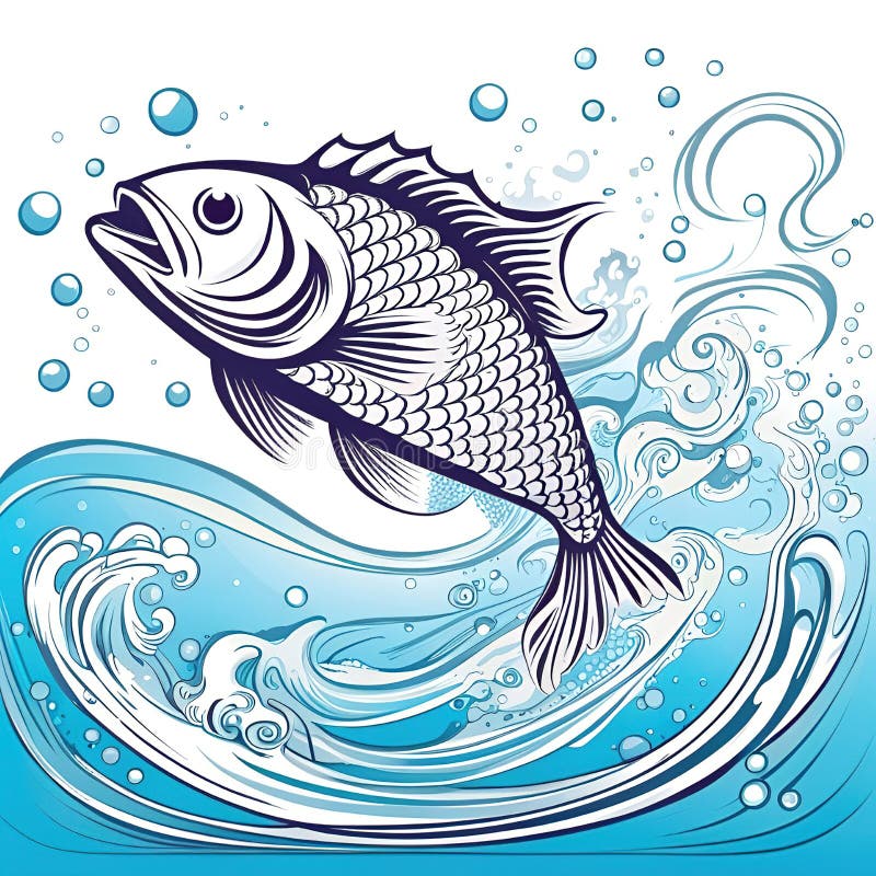 Vector Image of a Fish in the Sea, Waves and Bubbles. Stock ...