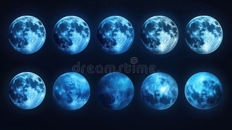 Phases of a Mystical Blue Moon on Dark Background. Stock Illustration ...