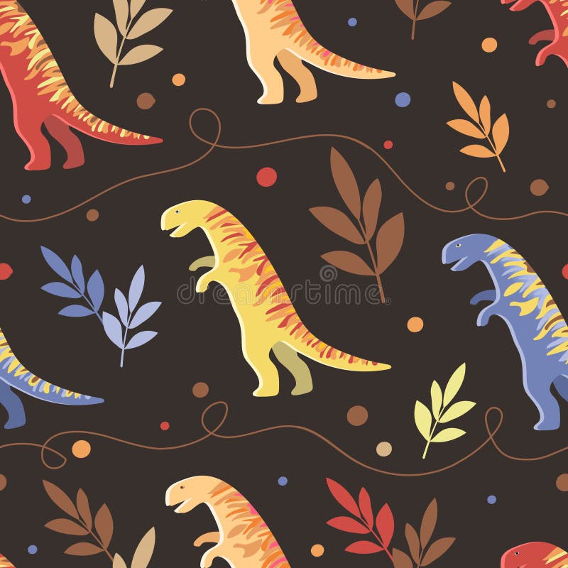 Vector Image of Multi-colored Dinosaurs with Leaves and Curvy Lines on ...